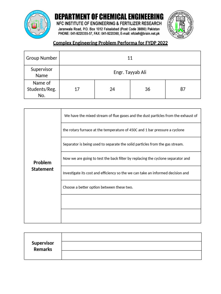 Complex Engineering Problem Performa For FYDP 2022 | PDF