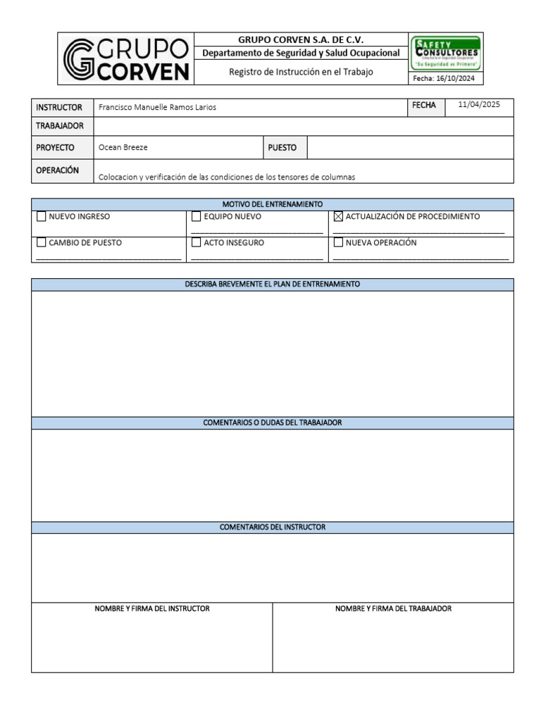 Registro de Instrucción en El Trabajo GC 20241016 | PDF