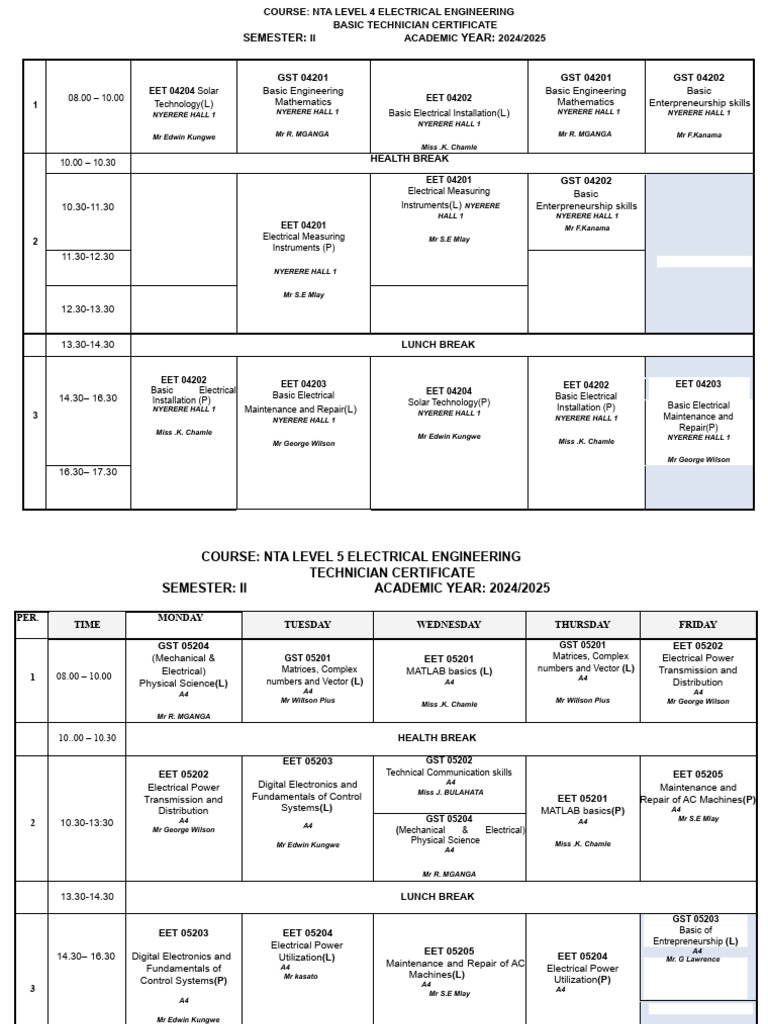 Electrical Department - Timetable 2024 - 2025 II Semister | PDF ...