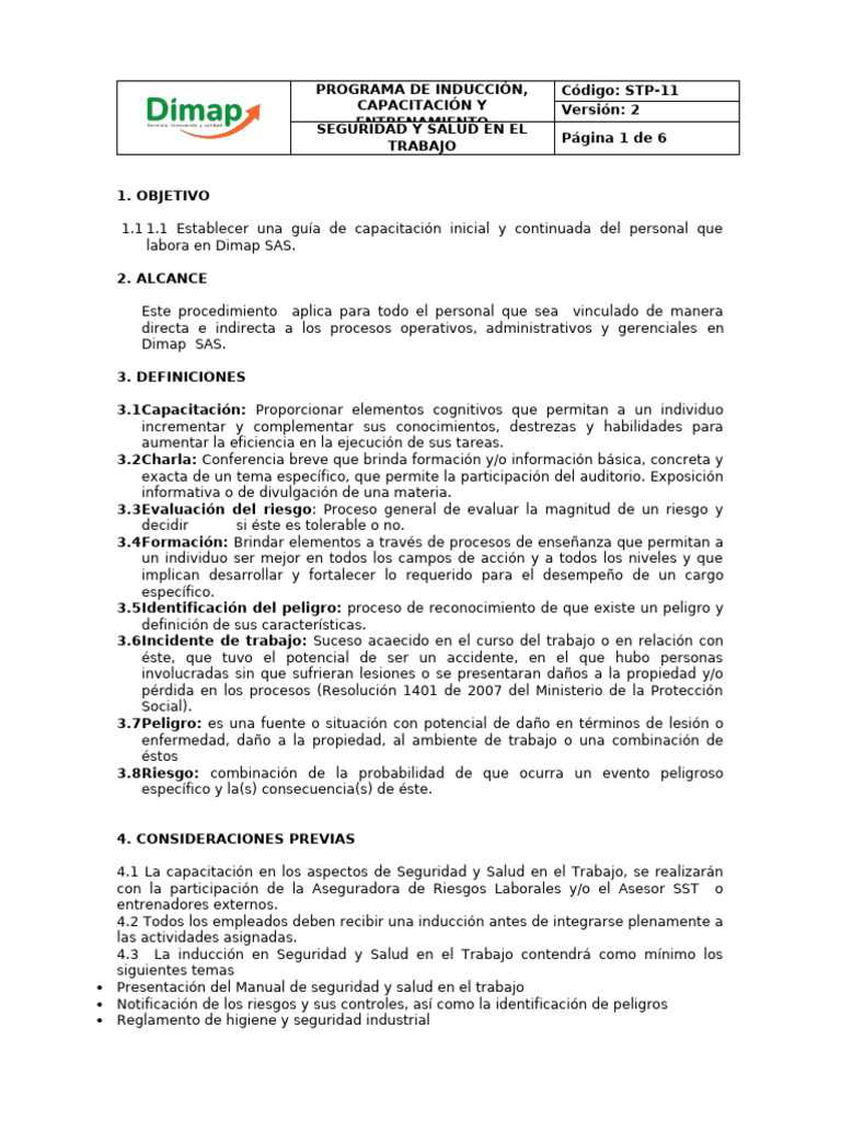 STP-11 Programa de Inducción, Capacitación y Entrenamiento v2 | PDF | Seguridad y salud ocupacional