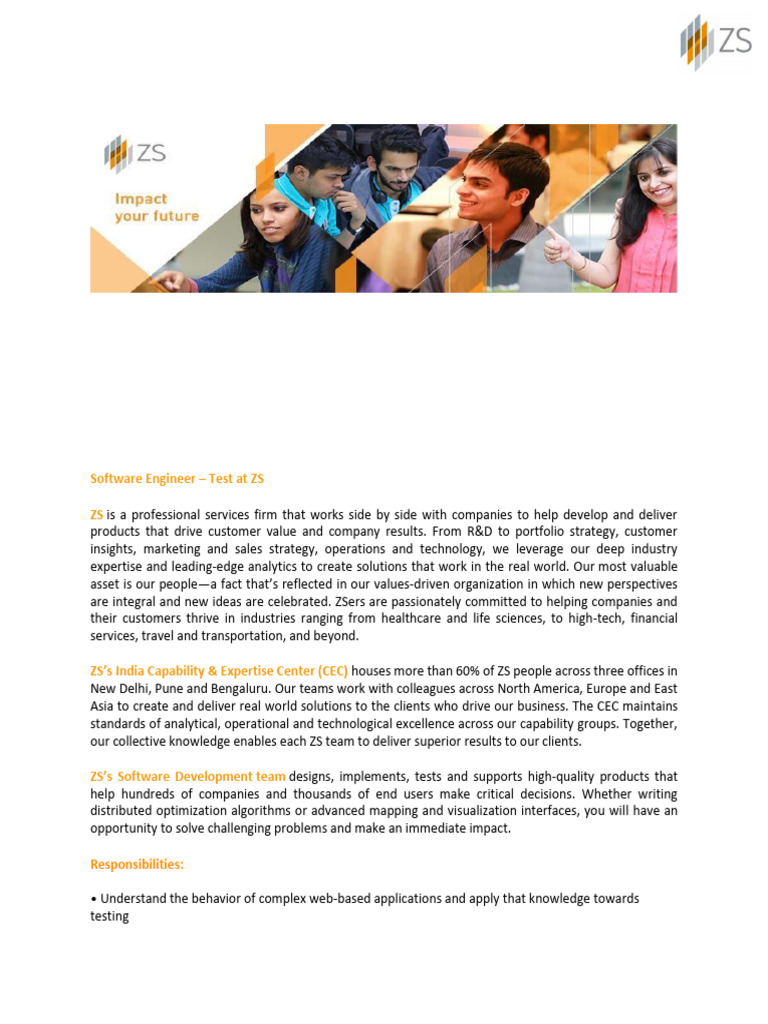 ZS - IN - JD - Software Engineer-Test - Campus - 2024-25 | PDF ...