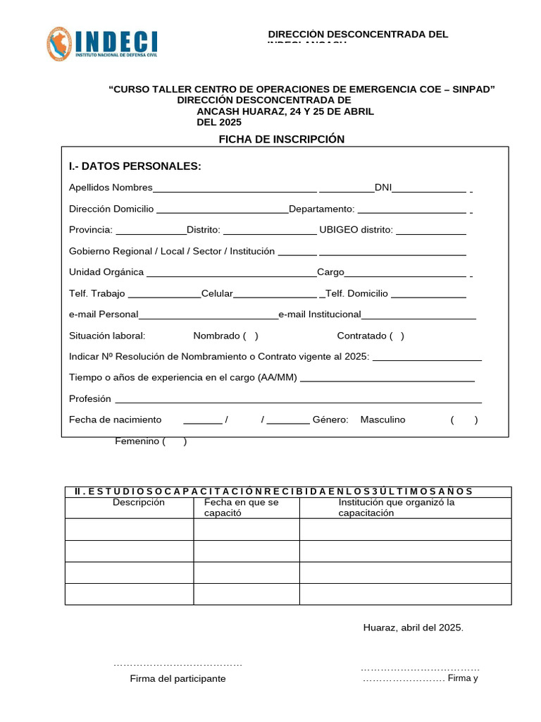 Ficha de Inscripcion Curso Coe-Sinpad 2025 | PDF | Defensa Civil