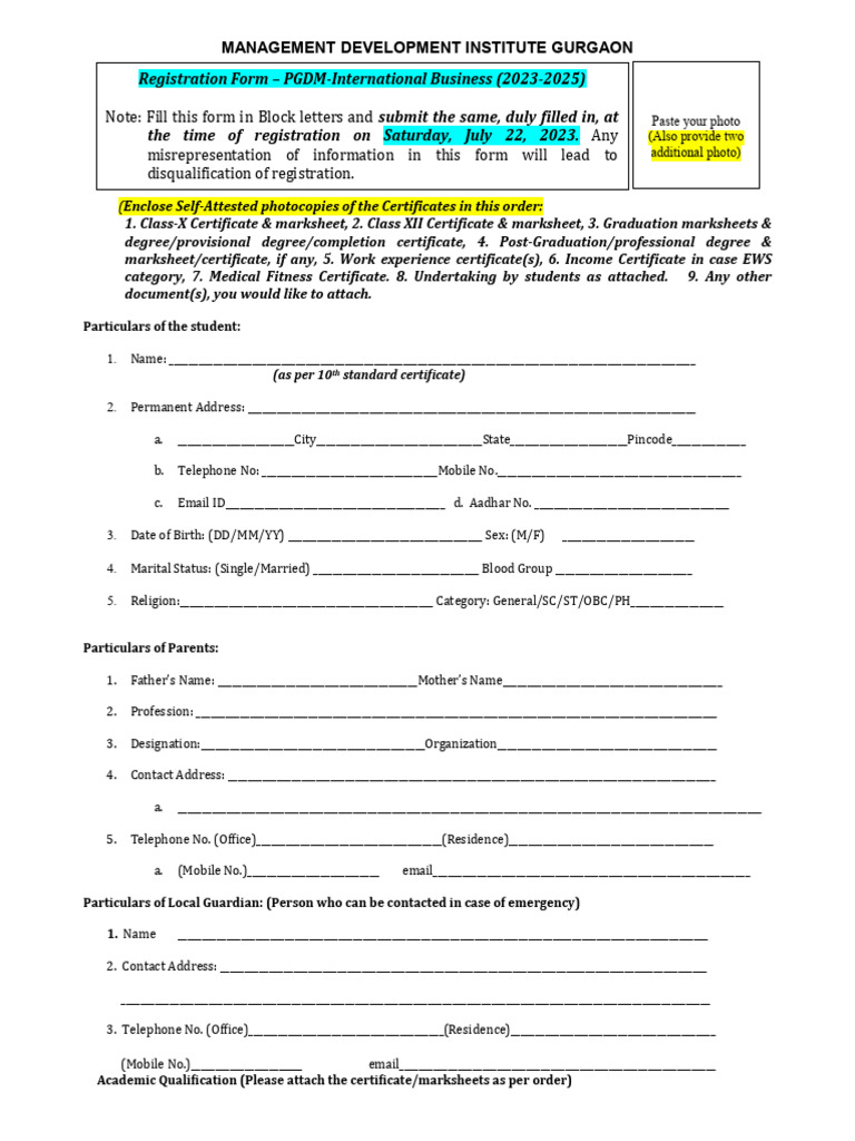 Registration Form PGDM-IB 2023-25 | PDF | Mental Disorder