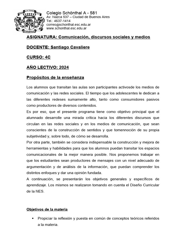 Programa Comunicación, Discursos Sociales y Medios 4C 2024 | PDF ...