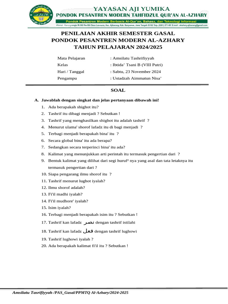 8 Putri - Amsilatu Tasrifiyyah - Usth. Aimmatun Nisa' | PDF