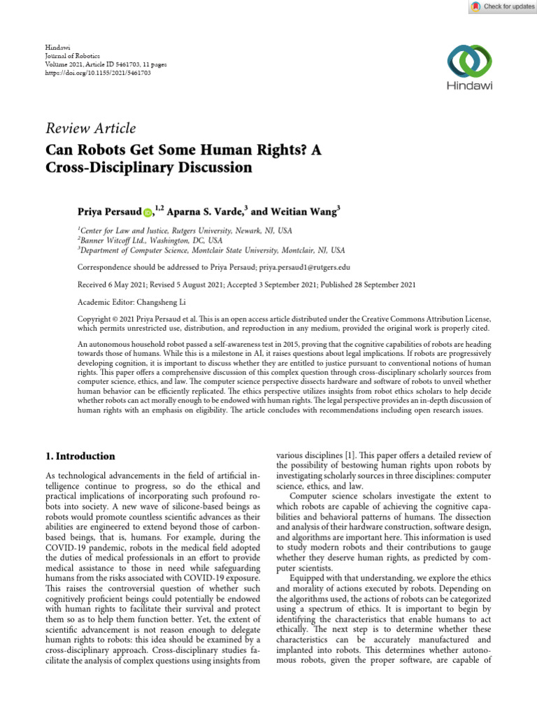 Journal of Robotics - 2021 - Persaud - Can Robots Get Some Human Rights ...