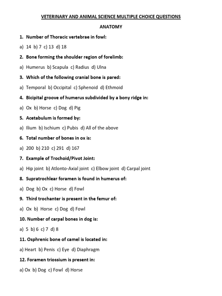 Veterinary Anatomy MCQs and Answers | PDF | Pharmacology | Lung