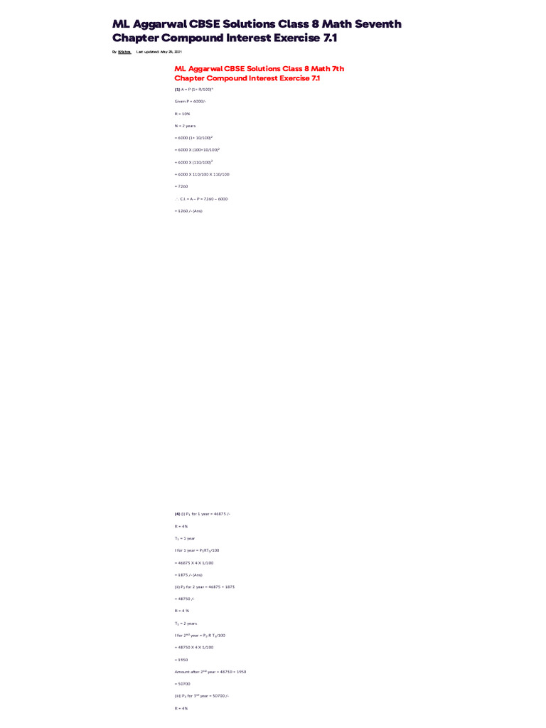 ML Aggarwal CBSE Solutions Class 8 Math Seventh Chapter Compound ...