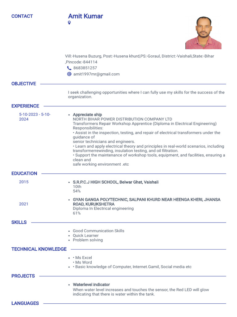 CV - 2024102810153623 - Amit Kumar | PDF | Cognition | Learning