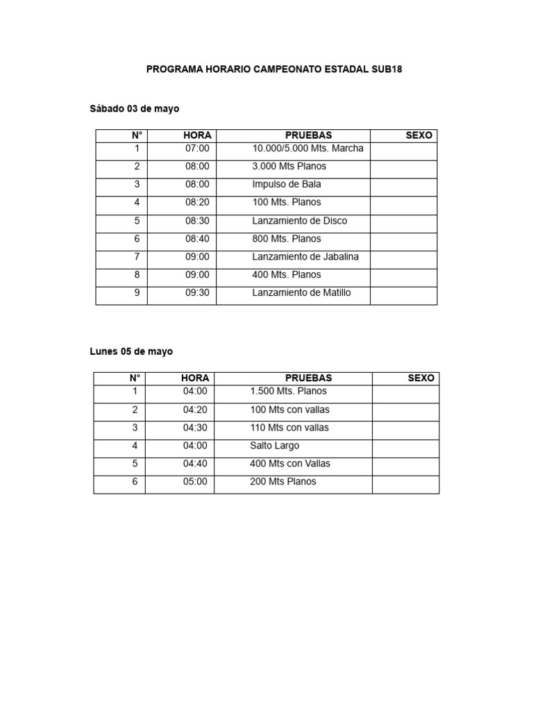 Programa Horario Sub18 2025 | PDF
