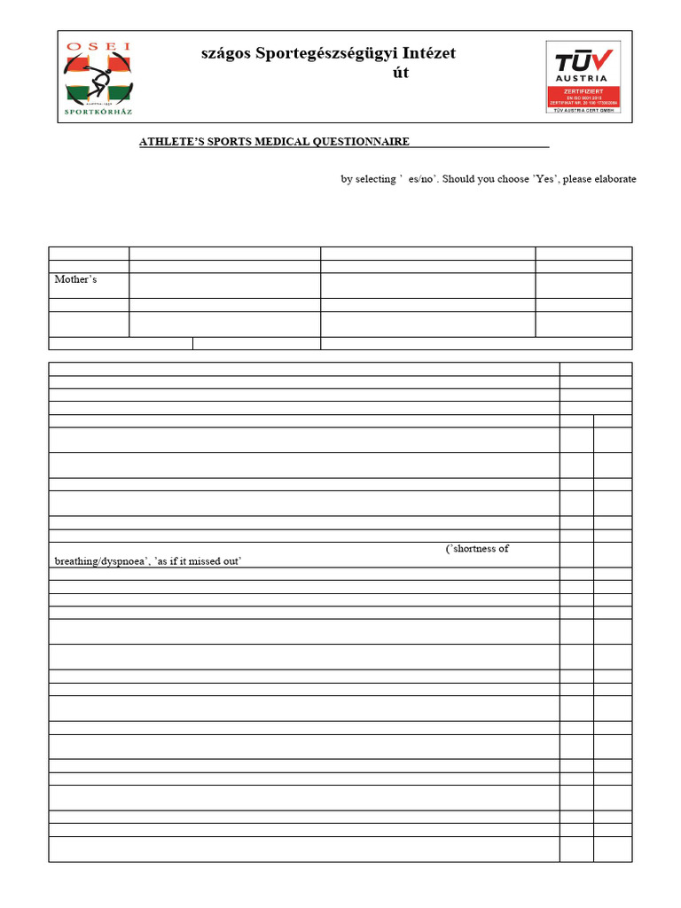 Athlete Medical Questionnaire Form | PDF | Clinical Medicine | Human ...