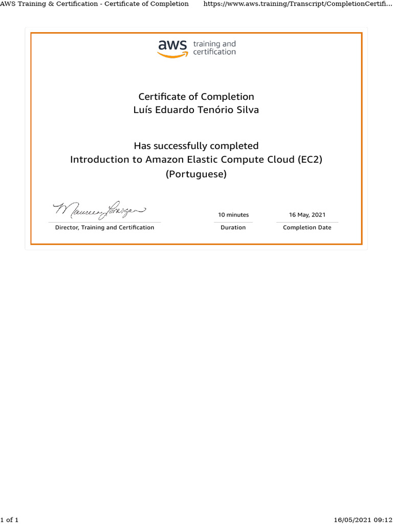 AWS Training & Certification - Certificate of Completion | PDF