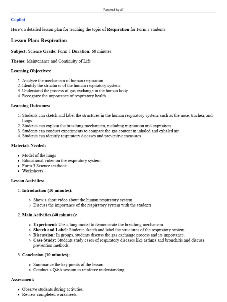 Form 3 Lesson Plan on Respiration | PDF
