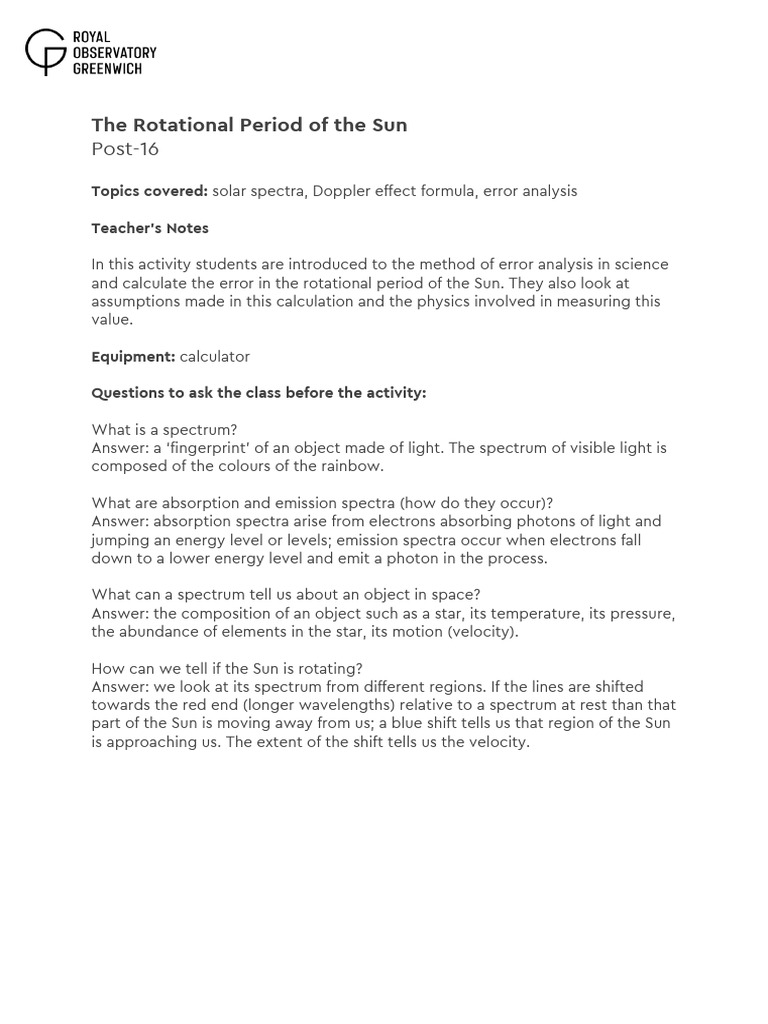 Sun's Rotational Period & Error Analysis | PDF | Spectral Line | Sun