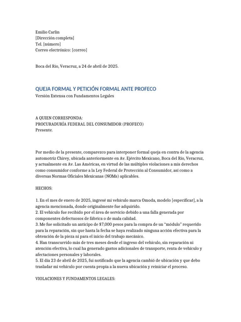 Queja Extensa PROFECO EmilioCarlin | PDF