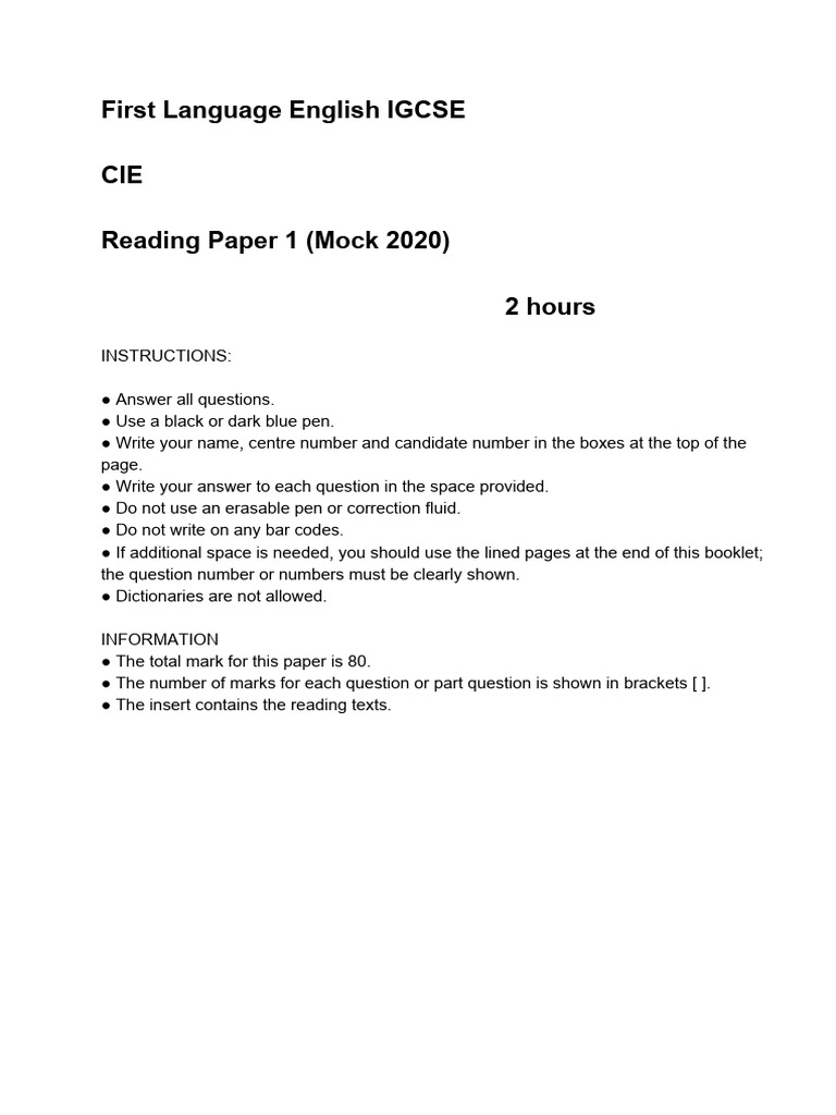 IGCSE English Reading Paper 1 Mock 2020 | PDF