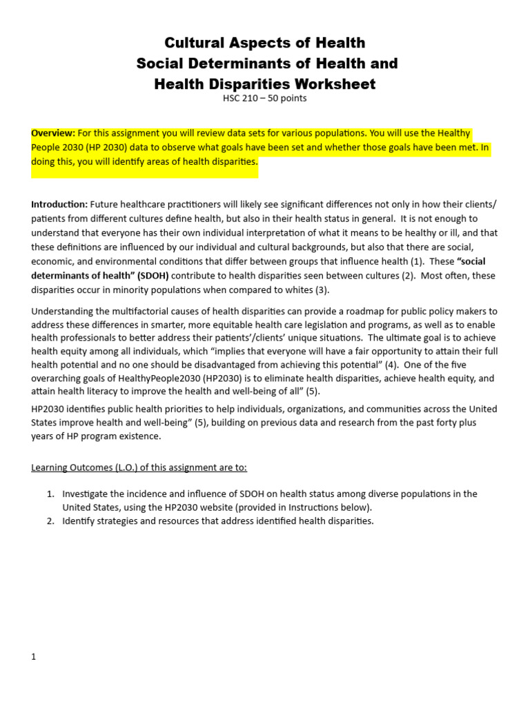HSC 210 Social Determinants of Health Assignment - 11 - 2023 - HP2030 ...