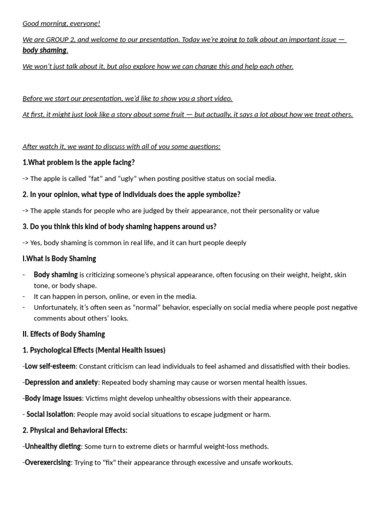 Body Shaming - Project Unit 9 | PDF | Shame | Psychology