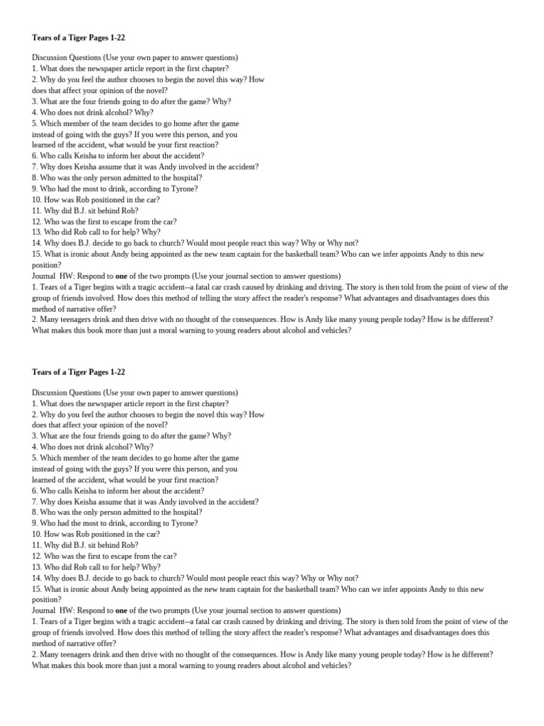 Discussion Guide for Tears of a Tiger | PDF