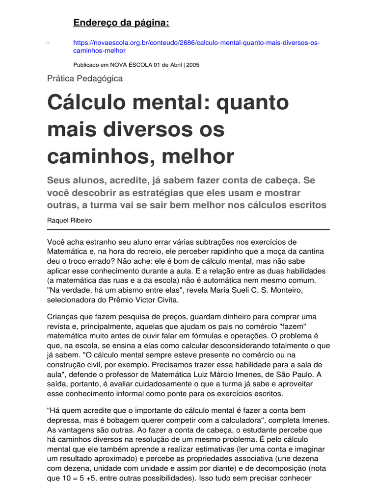 Tina 2calculo Mental Quanto Mais Diversos Os Caminhos Melhor | PDF ...