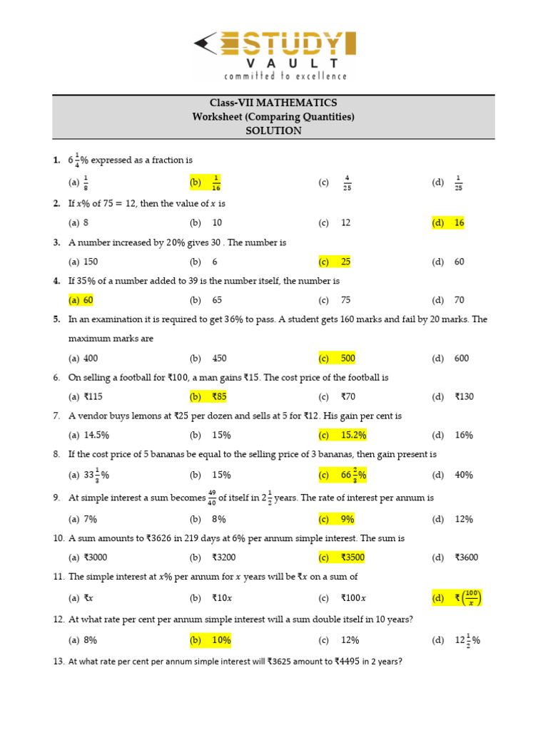 7 MATH Comparing Quantities Worksheet Sol | PDF | Percentage | Interest