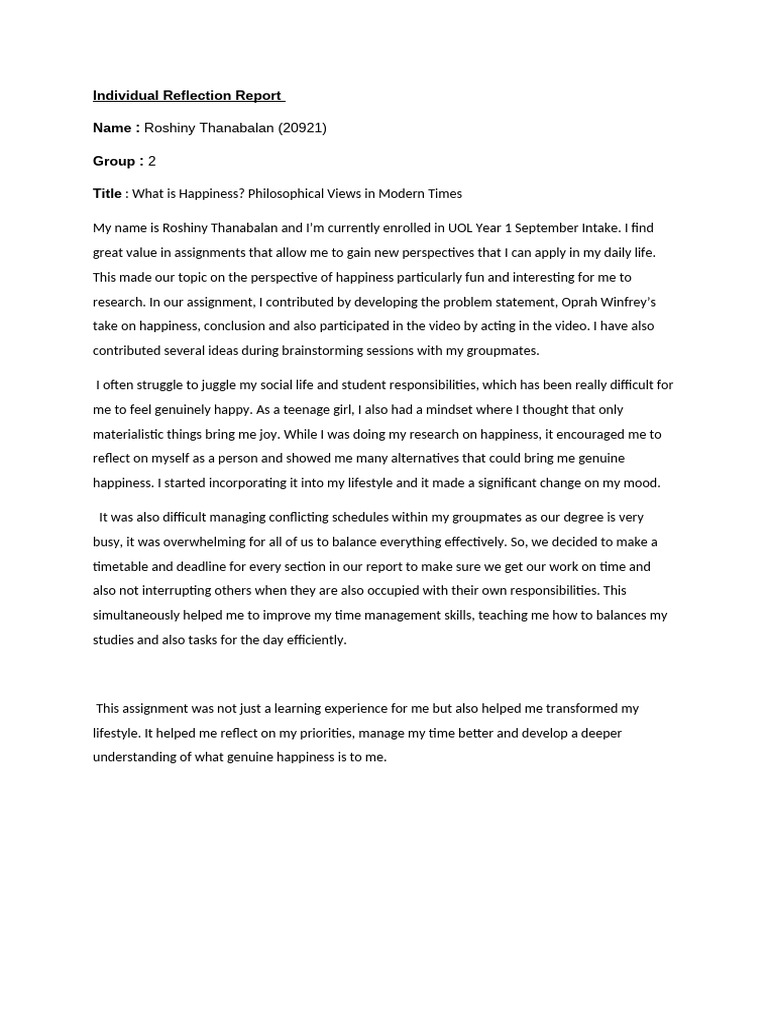 Individual Reflection Report Falsafah | PDF