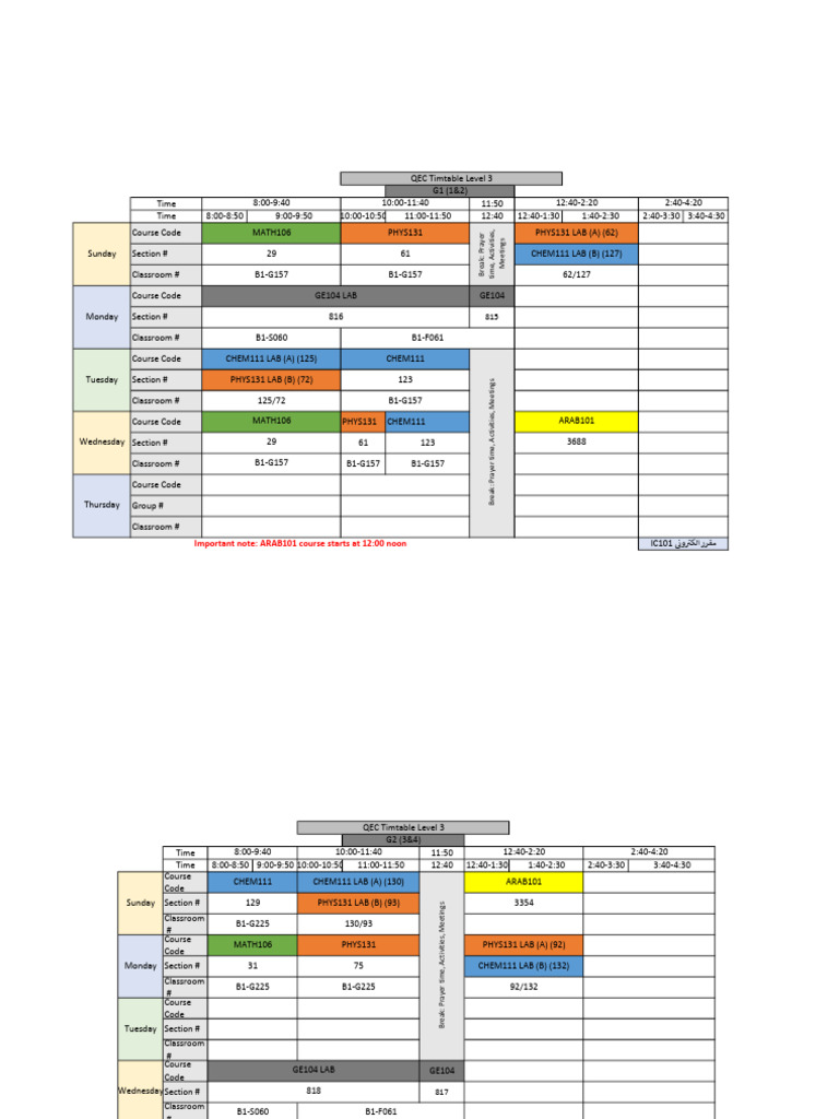 Level 3 Time Table 461 Male Students | PDF