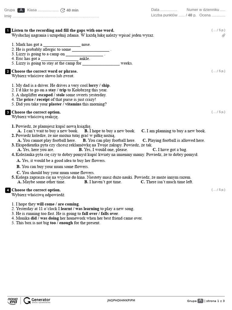 End-of-Year Test Test (Z Widoczną Punktacją) | PDF