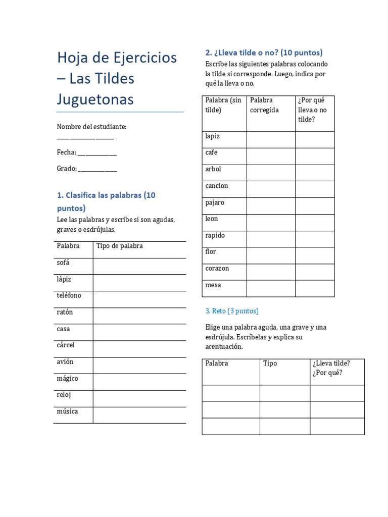 Hoja de Ejercicios Tildes Juguetonas | PDF | Lingüística | Fonología