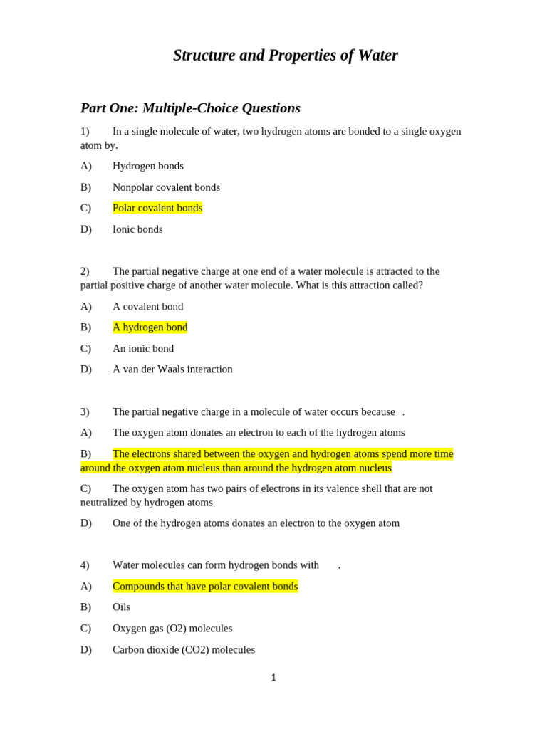 Structure and Properties of Water (WorkSheet) +AK | PDF | Properties Of ...