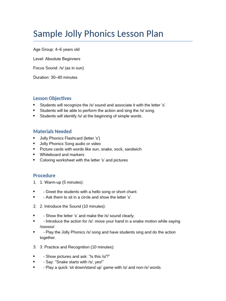 Jolly Phonics Lesson Plan Sound S | PDF
