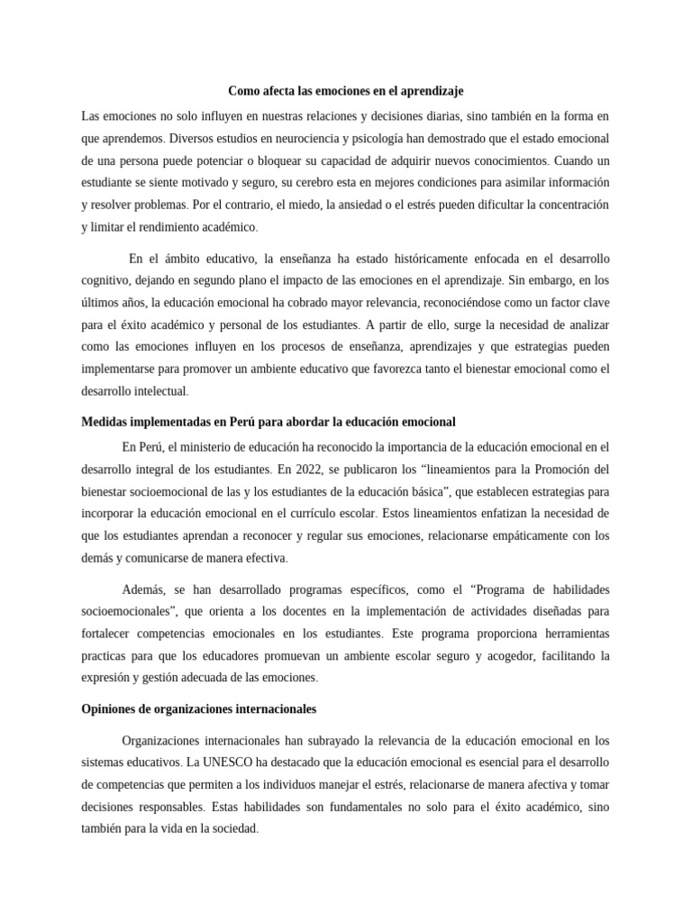 Como Afecta Las Emociones en El Aprendizaje | PDF | Las emociones | Aprendizaje