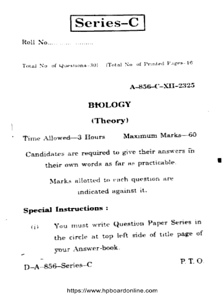 HP Board Class 12 Biology A 856 C Xii 2325 2025 | PDF