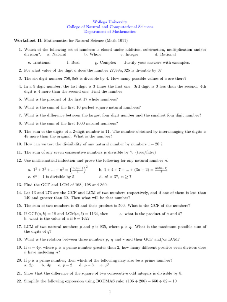 Math Worksheet for Natural Sciences | PDF | Numbers | Subtraction