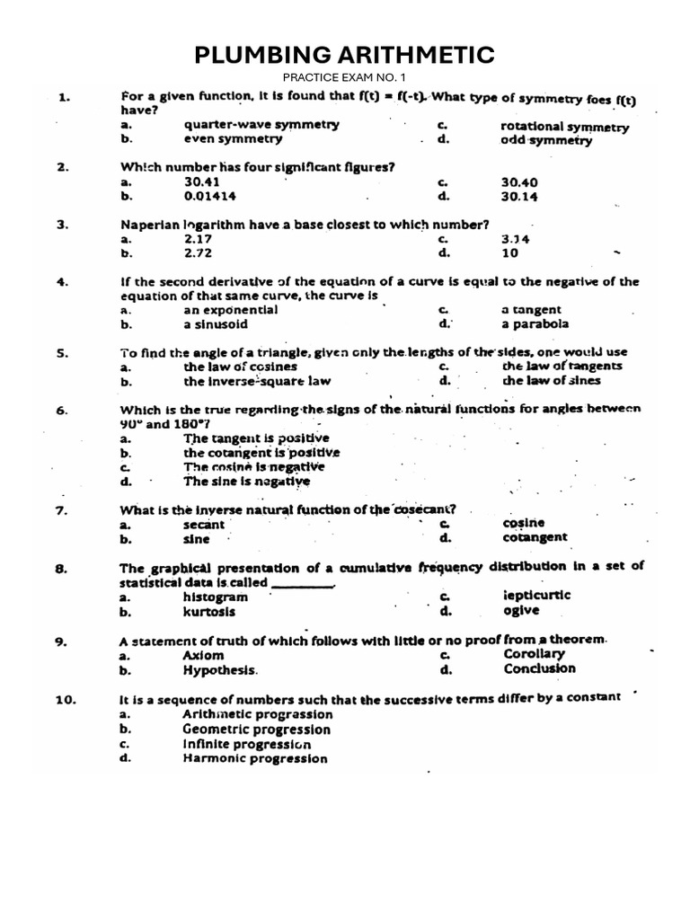 Plumbing Arithmetic - Practice Exam No. 1 | PDF