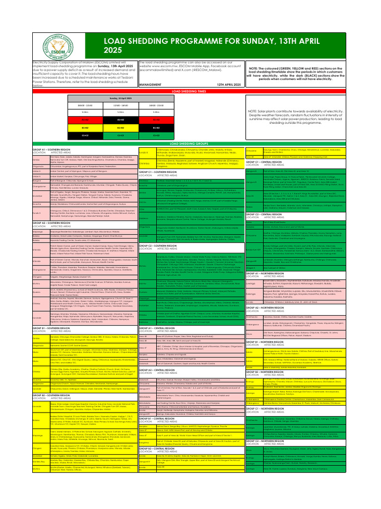 Loadshedding Programme For Sunday, 13TH April 2025-1 | PDF | Electric ...