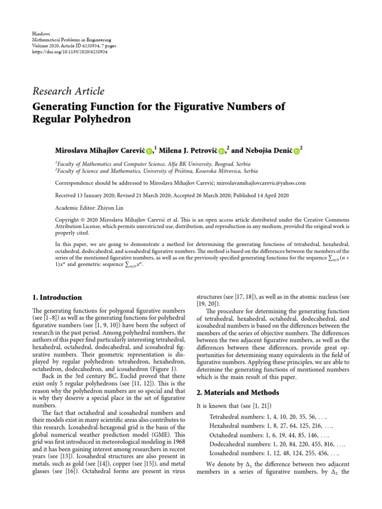 Generating Function For The Figurative Numbers Of Pdf Convex Geometry Linear Programming