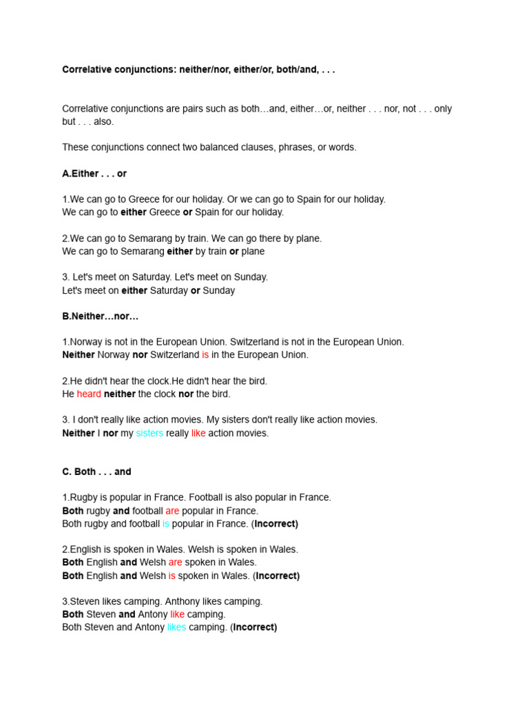 Correlative Conjunctions - Neither-Nor, Either-Or, Both-And | PDF