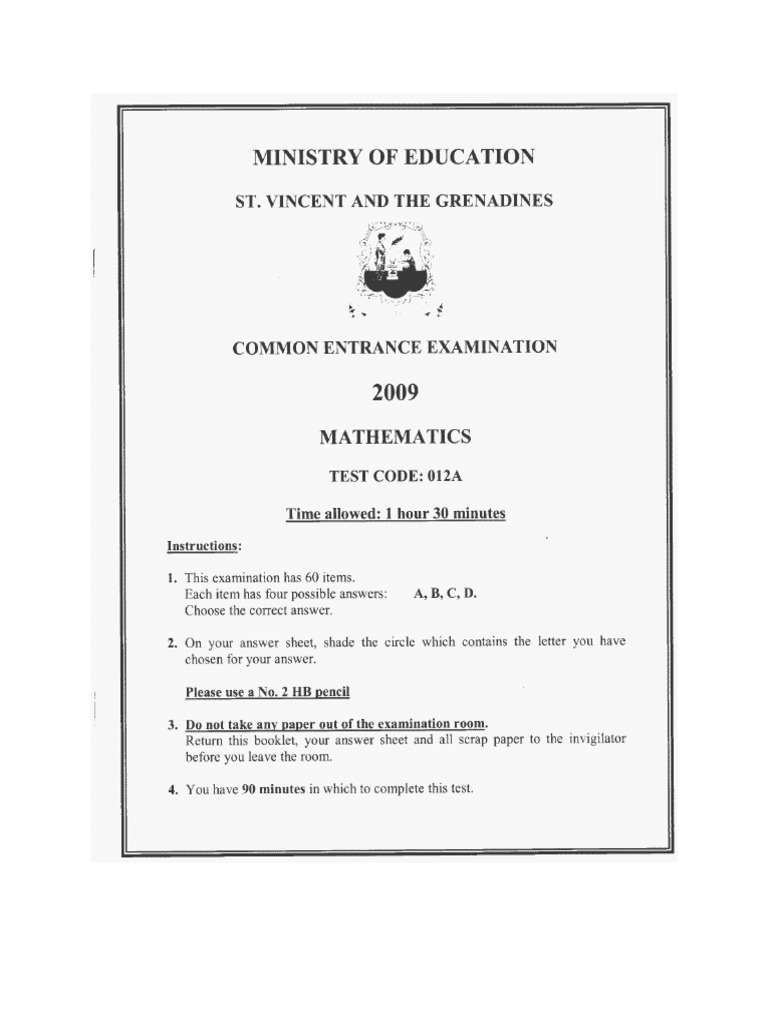 Common Entrance Exam 2009 Maths | PDF