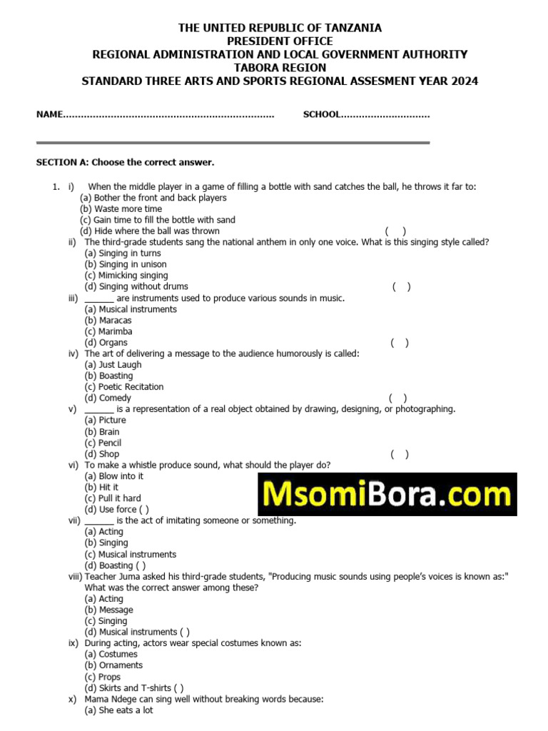 Tabora Assessment STD (DRS) 3 2024 | PDF | Natural Environment | Eye