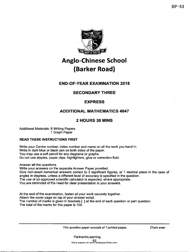 Sec3 2018 AMaths SA2 Anglochinese | PDF