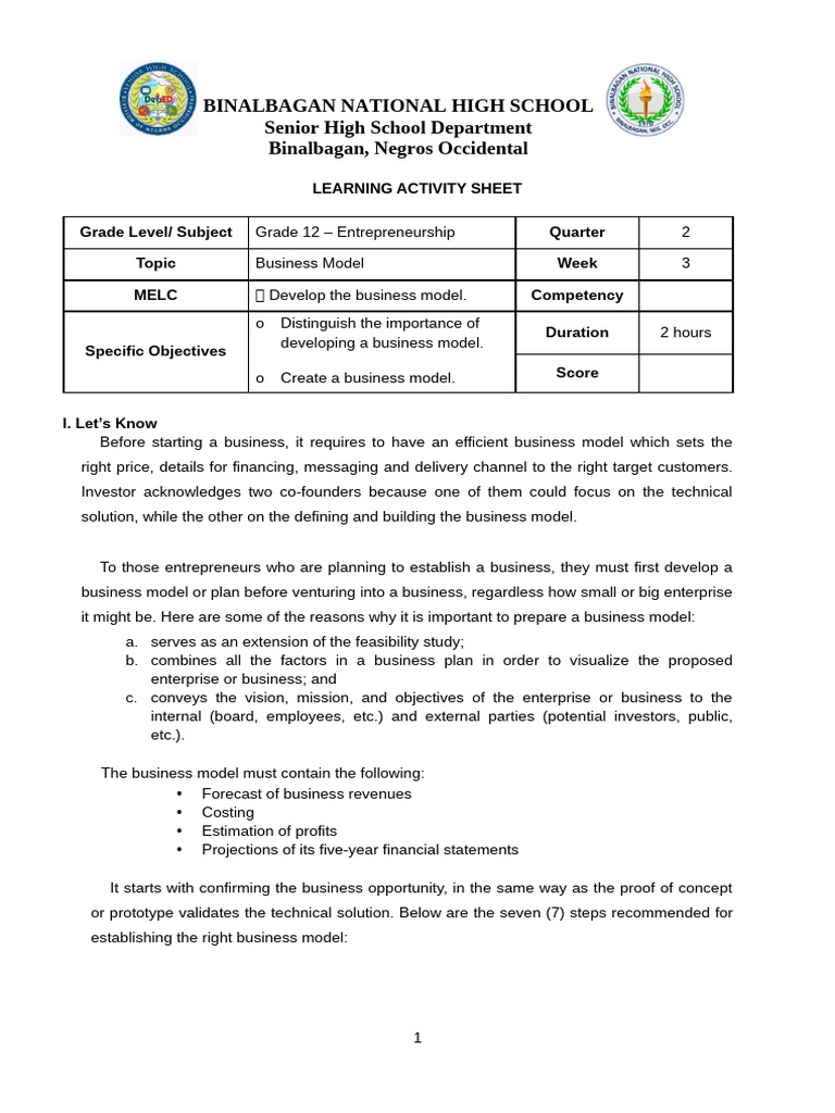 ENTREP ACTIVITY SHEET - Week 3 | PDF | Business Model | Entrepreneurship