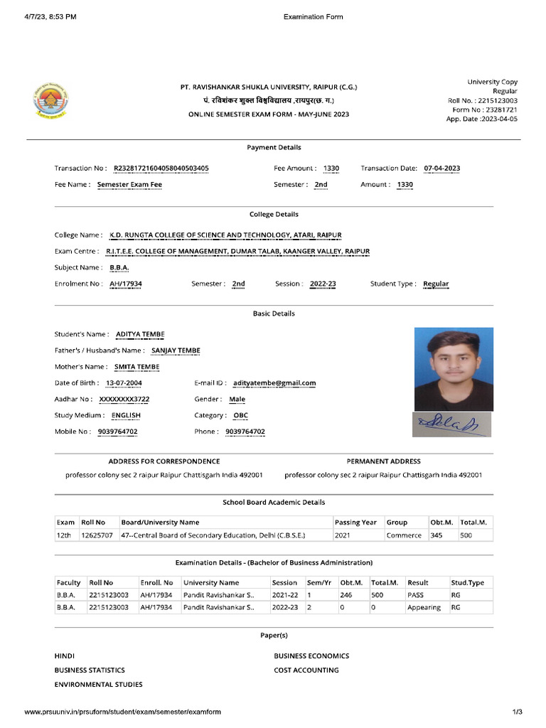 Examination Form | PDF
