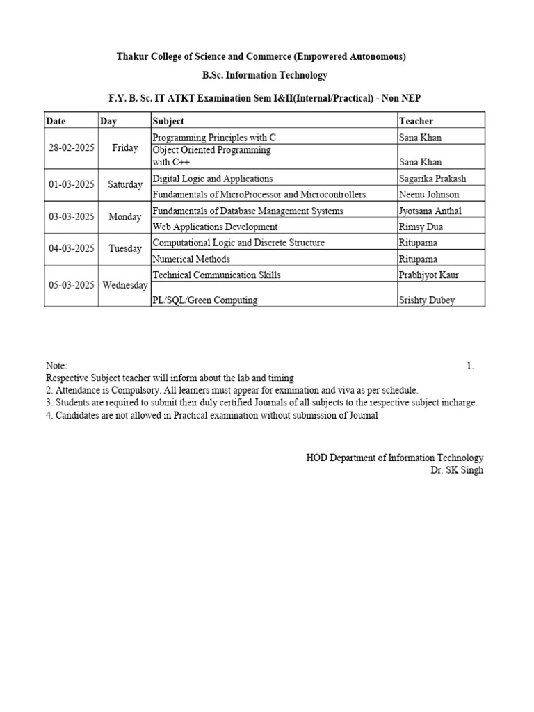 FY ATKT Non NEP Timetable 24-25 | PDF