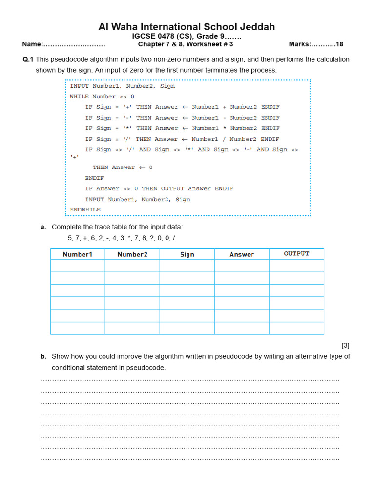 Grade 9 CS Chapter # 7 & 8 Worksheet # 3 (A) | PDF | Algorithms | Computing