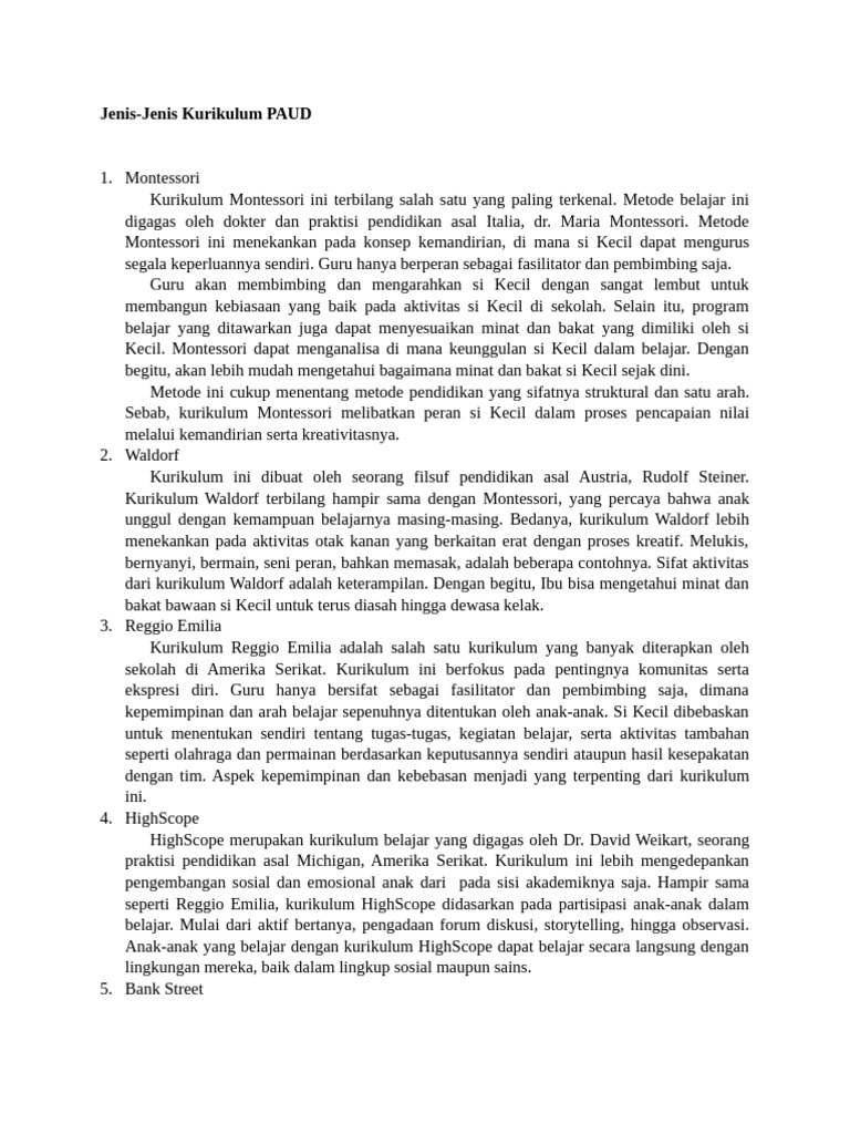 Jenis-Jenis Kurikulum PAUD Terpopuler | PDF