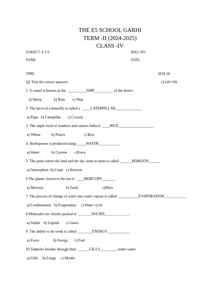 4th Standard EVS Answer Key 2024 | PDF | Water | Earth