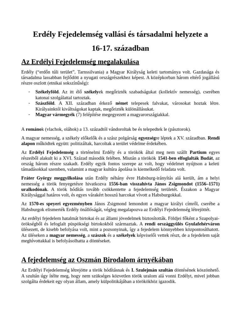 Erdély Fejedelemség Vallási És Társadalmi 16-17. Században | PDF