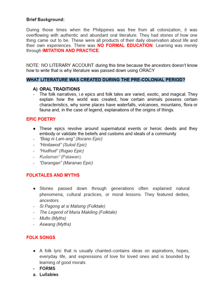Pre-Colonial Period Literature Handout | PDF | Epic Poetry | Legends