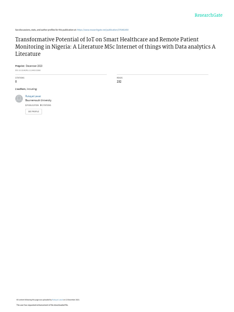 Transformative Potential Of Iot On Smart Healthcare And Remote Patient Monitoring In Nigeria A
